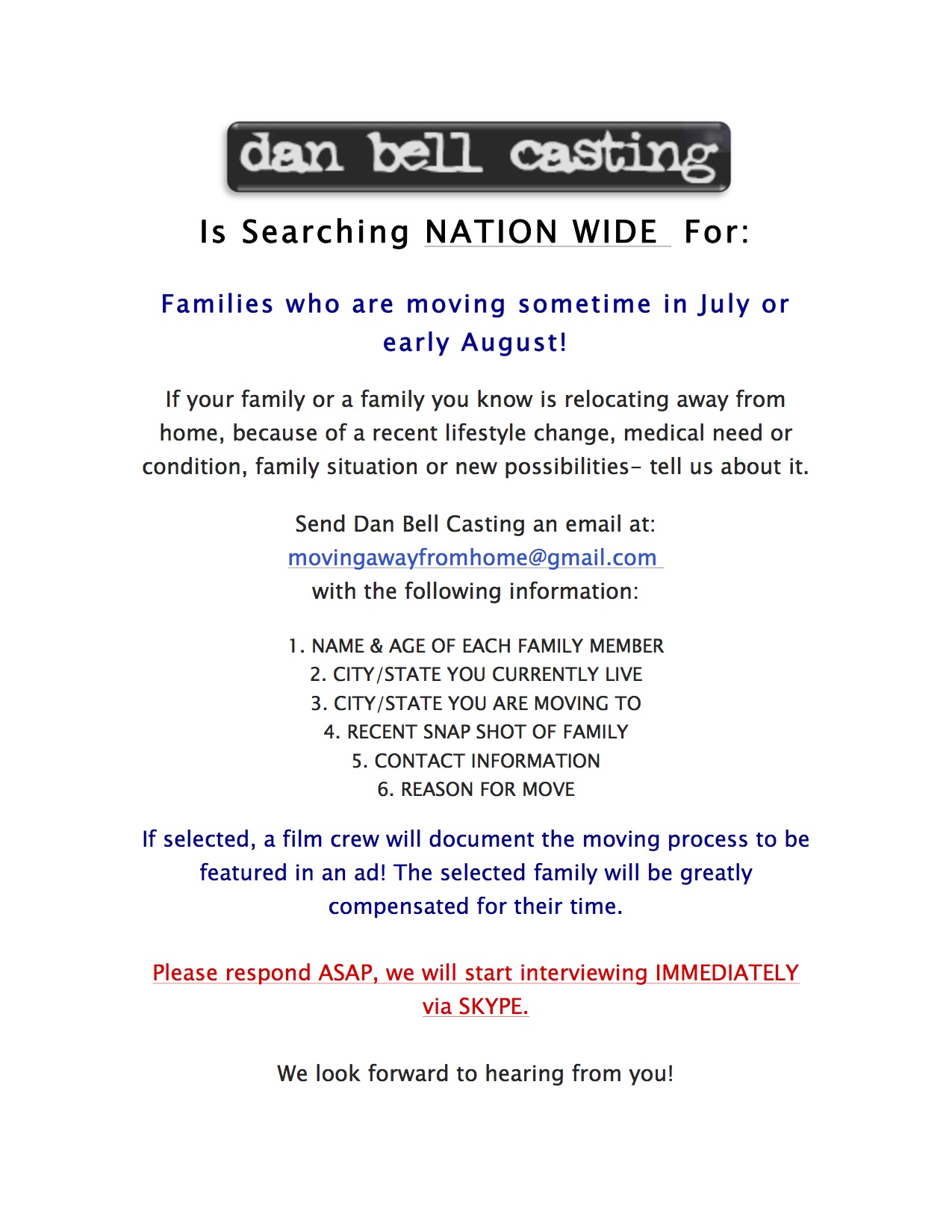 Casting Notice Families In Transition Auditions Free