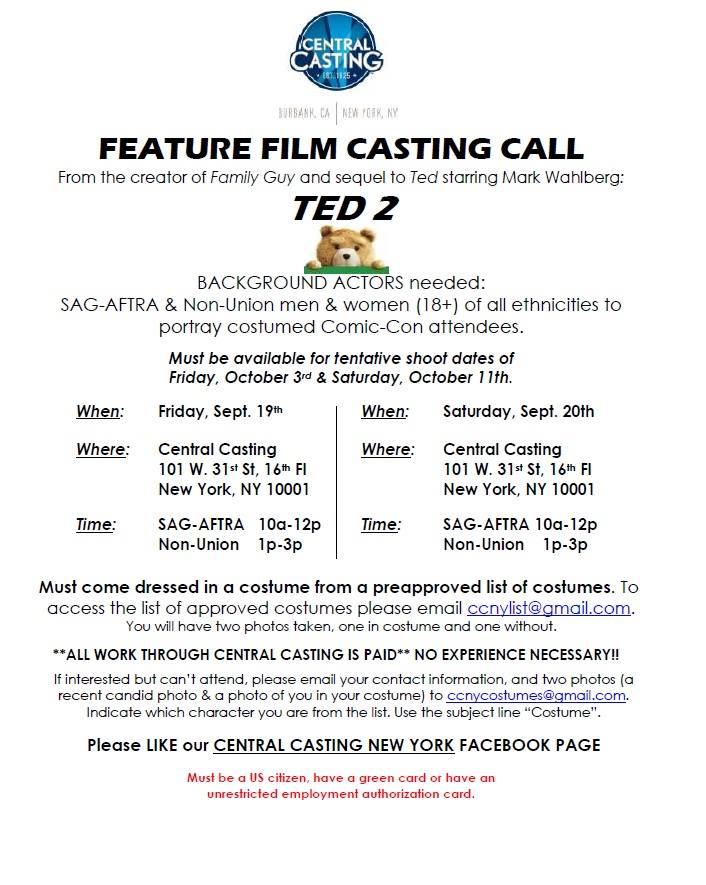 “ted 2” Open Casting Call In Nyc