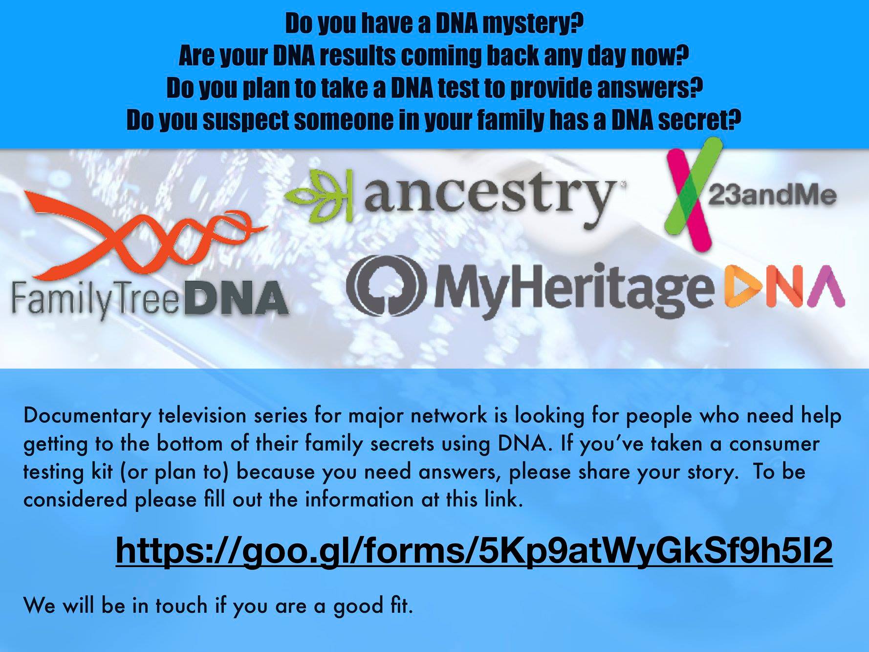 Casting Call for People Wanting To Solve a DNA Mystery