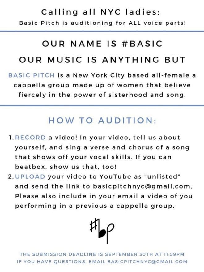 Singer Auditions in NYC for All Female A Cappella Singing Group Basic Pitch