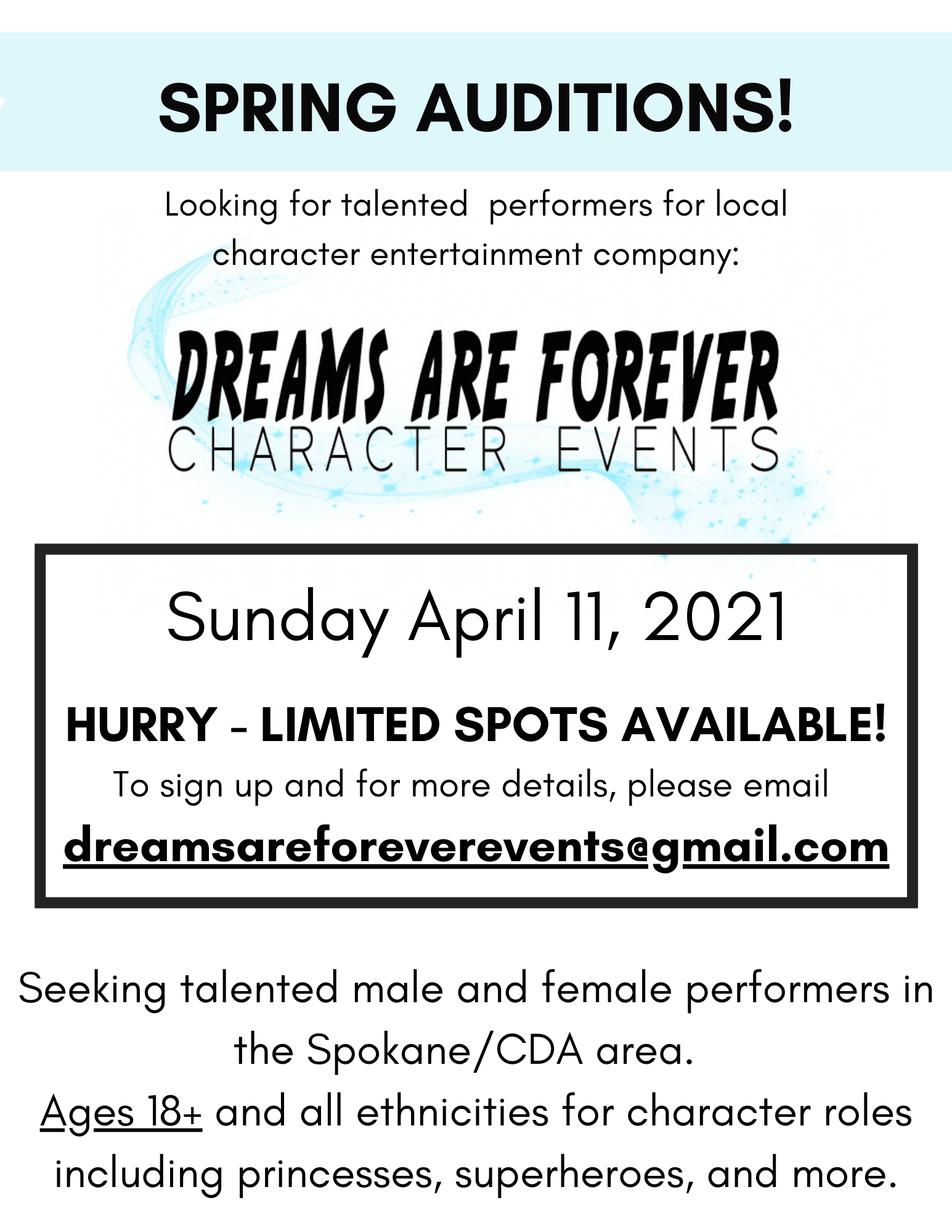 Character Performers for Event – Acting Job in Spokane, WA