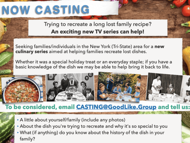 Casting Call in New York / Tri-State Area for Cooking Show "Recipe Rescue"