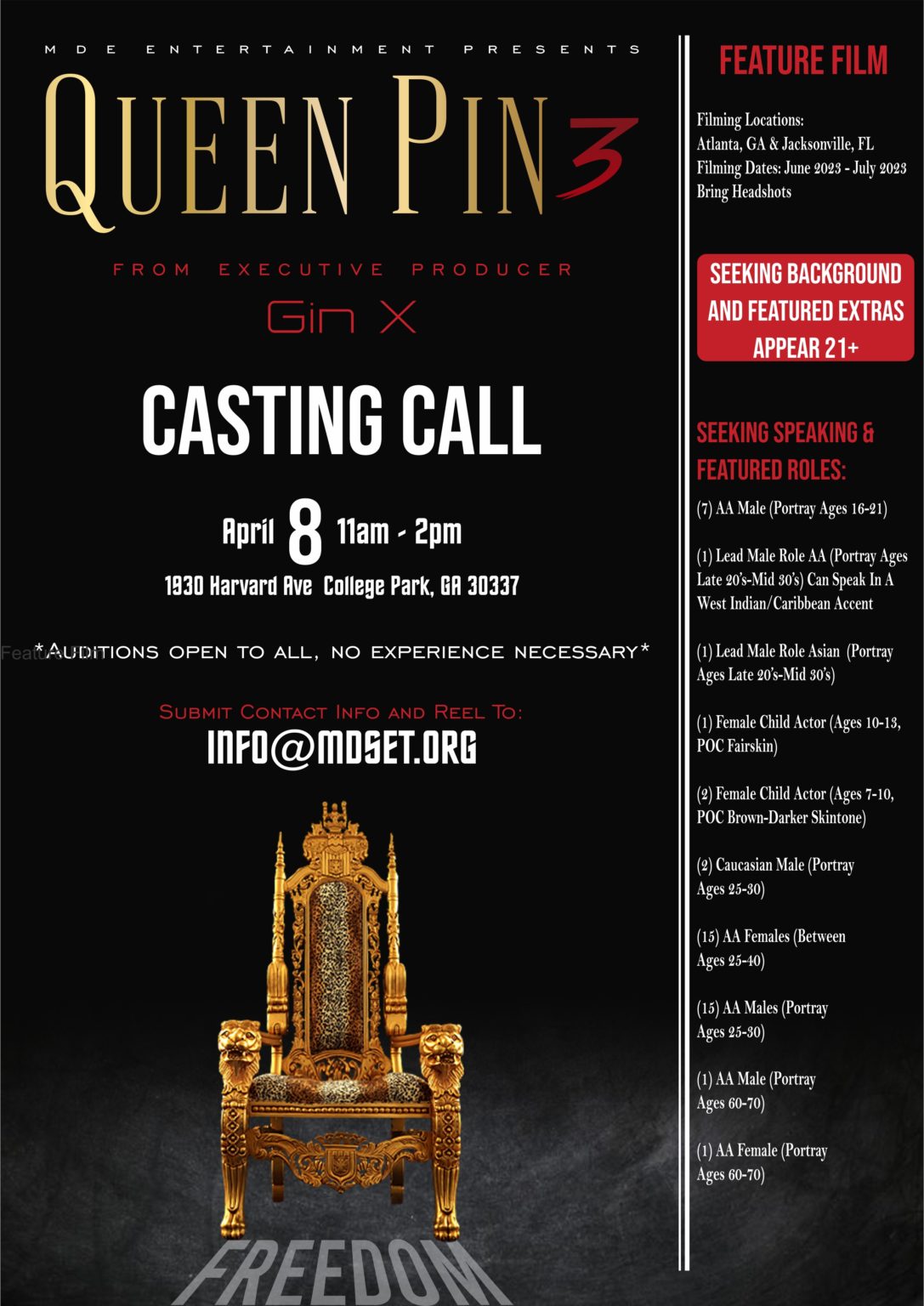 Auditions in Atlanta, GA & Jacksonville, FL for Movie "QueenPin Freedom ...