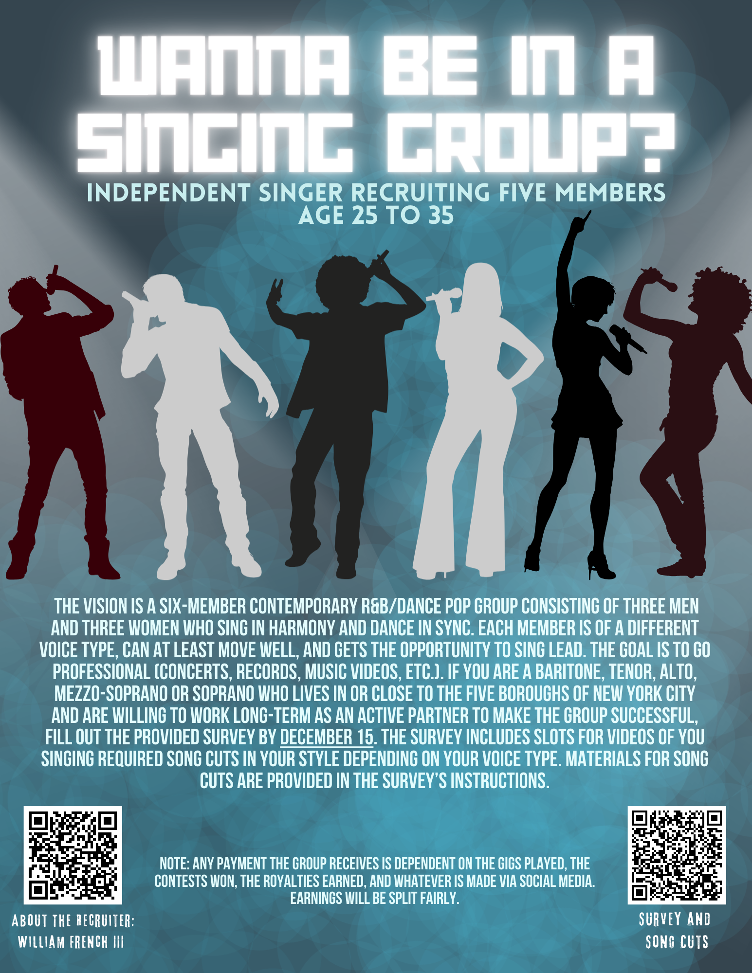 Singer Auditions in New York for 5 Member Co-Ed Singing Group.