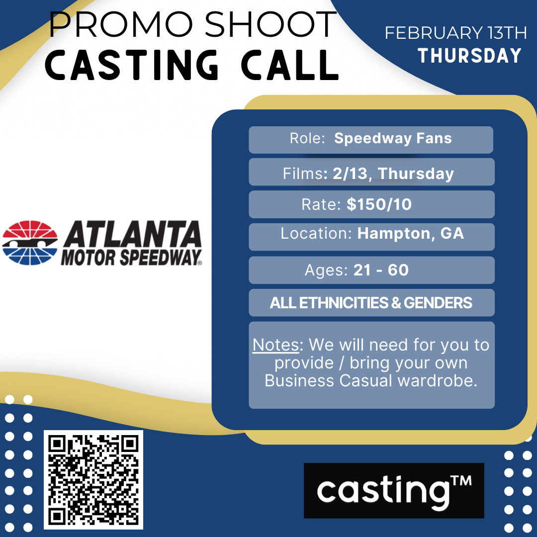 Paid Extras Needed in Atlanta for Motor Speedway Promo