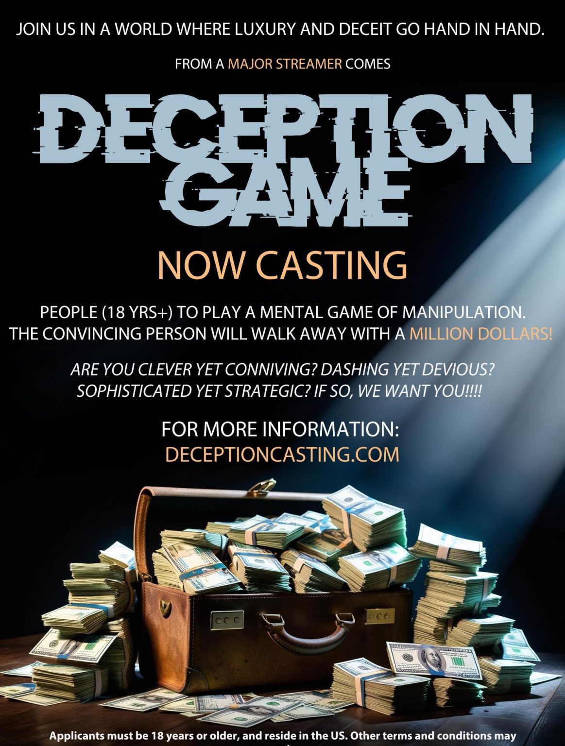 Win a Million – Apply for New Reality Show, Deception Game – Auditions Free