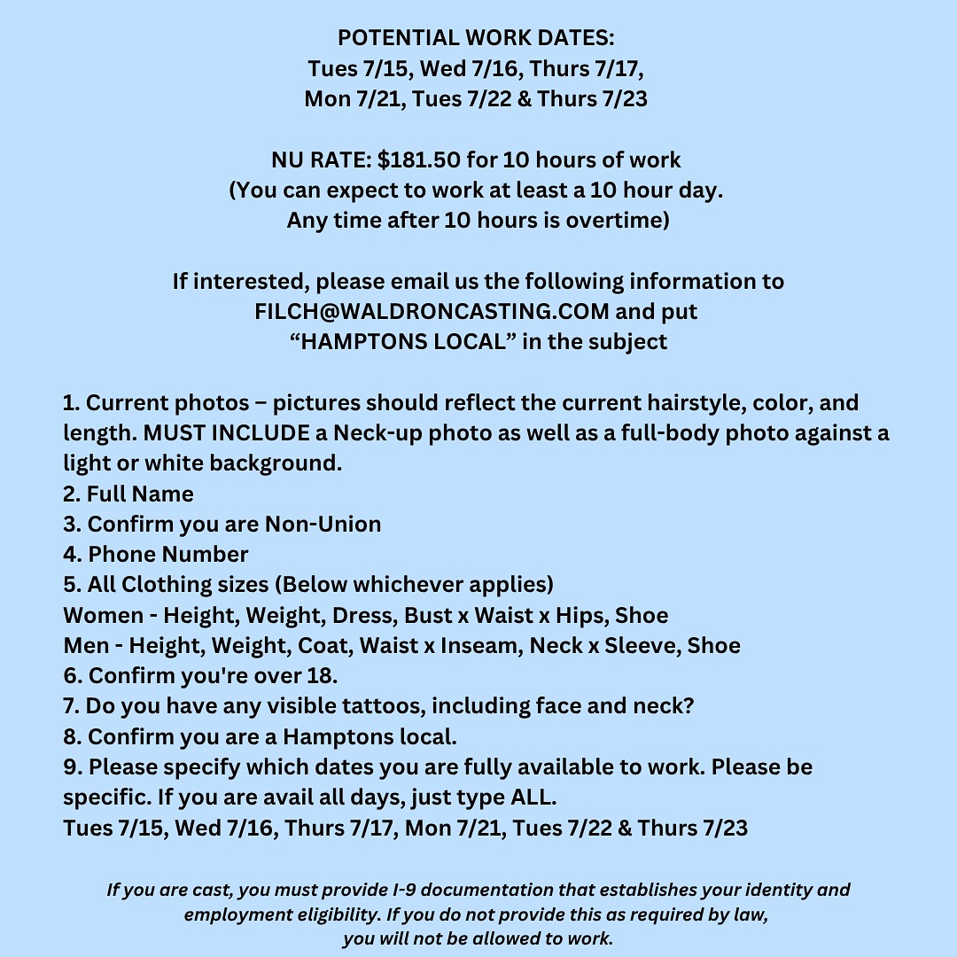 Background Extras 18+ Needed in the Hamptons, NY Area