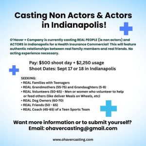 Indianapolis - Casting Kids, Adults, Seniors - Pays $2750