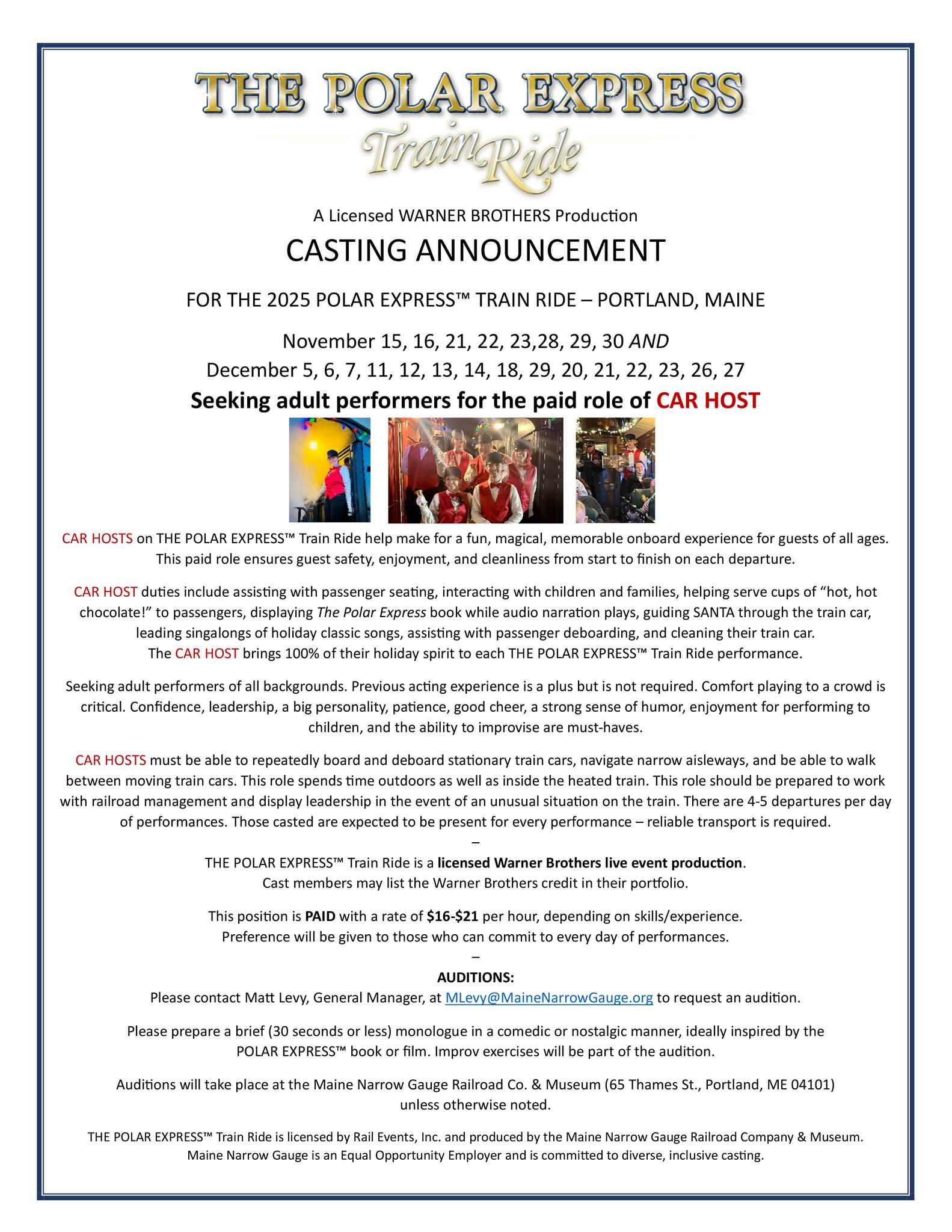 Open Auditions for Acting Jobs with Polar Express in Maine