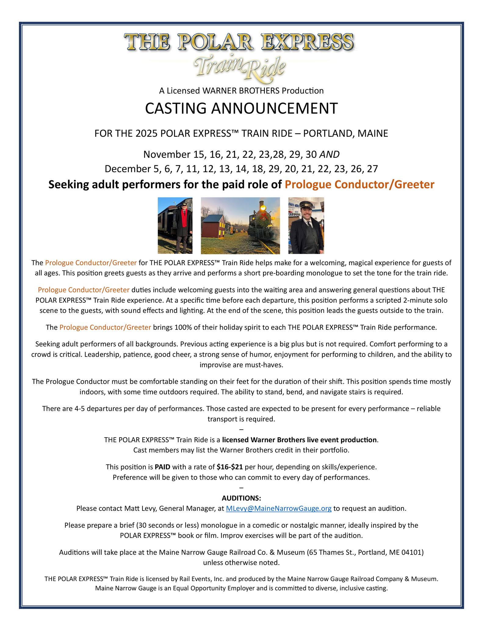 Open Auditions for Acting Jobs with Polar Express in Maine