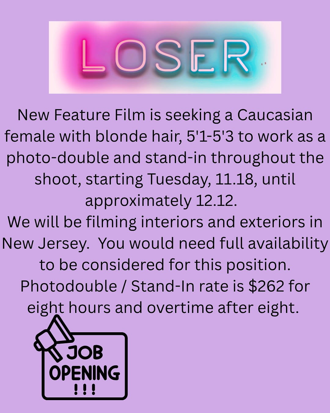 SAG (Union) Photo Double in New Jersey for Movie "Loser"