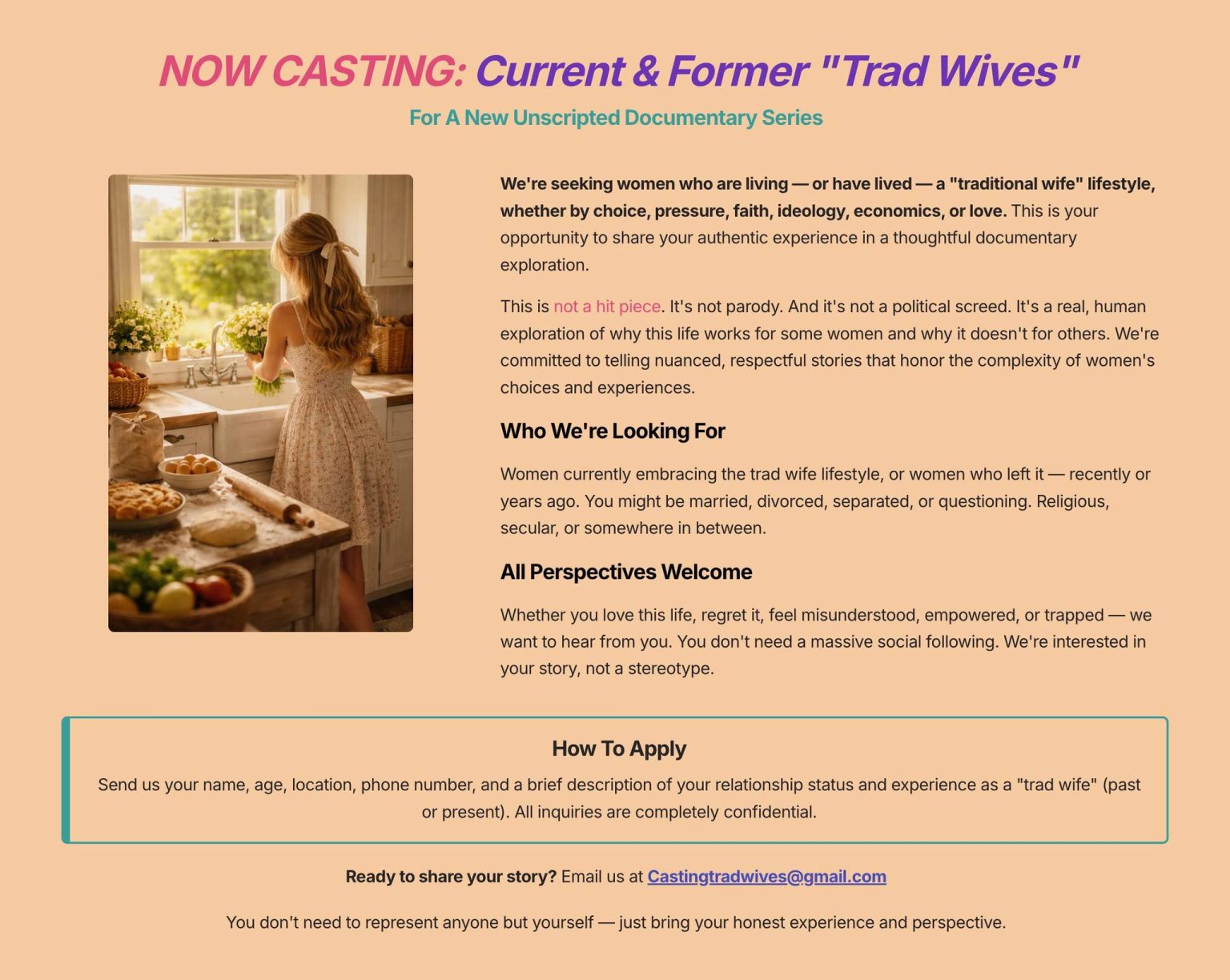 Now Casting Former & Current "Trad Wives" for New Show
