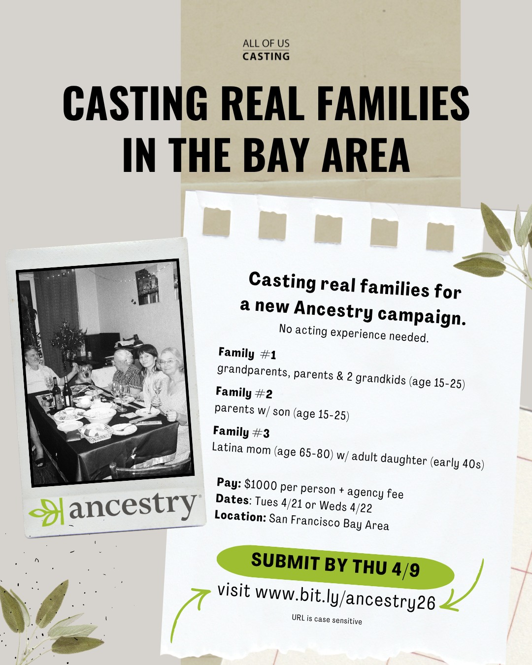 Ancestry, Casting REAL Families, SF Bay - Pays $1k per person