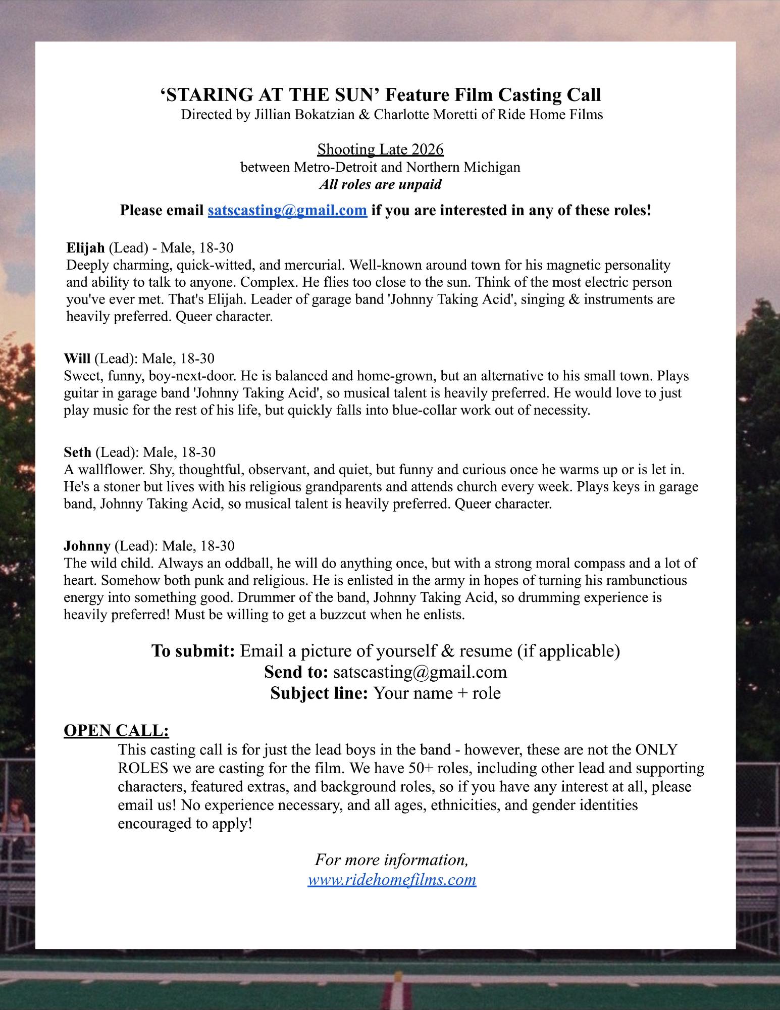 Indie Film "Staring At The Sun" Seeks Actors for Speaking Roles