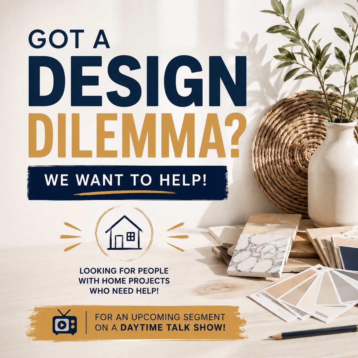 Casting Folks in NYC With Design Dilemma for Talk Show